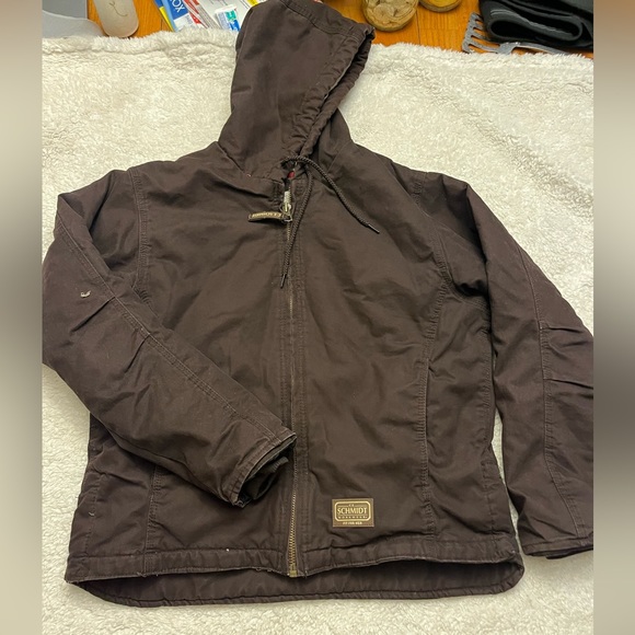 schmidt | Jackets & Coats | Schmidt Workwear Brown Hooded Canvas Sherpa ...